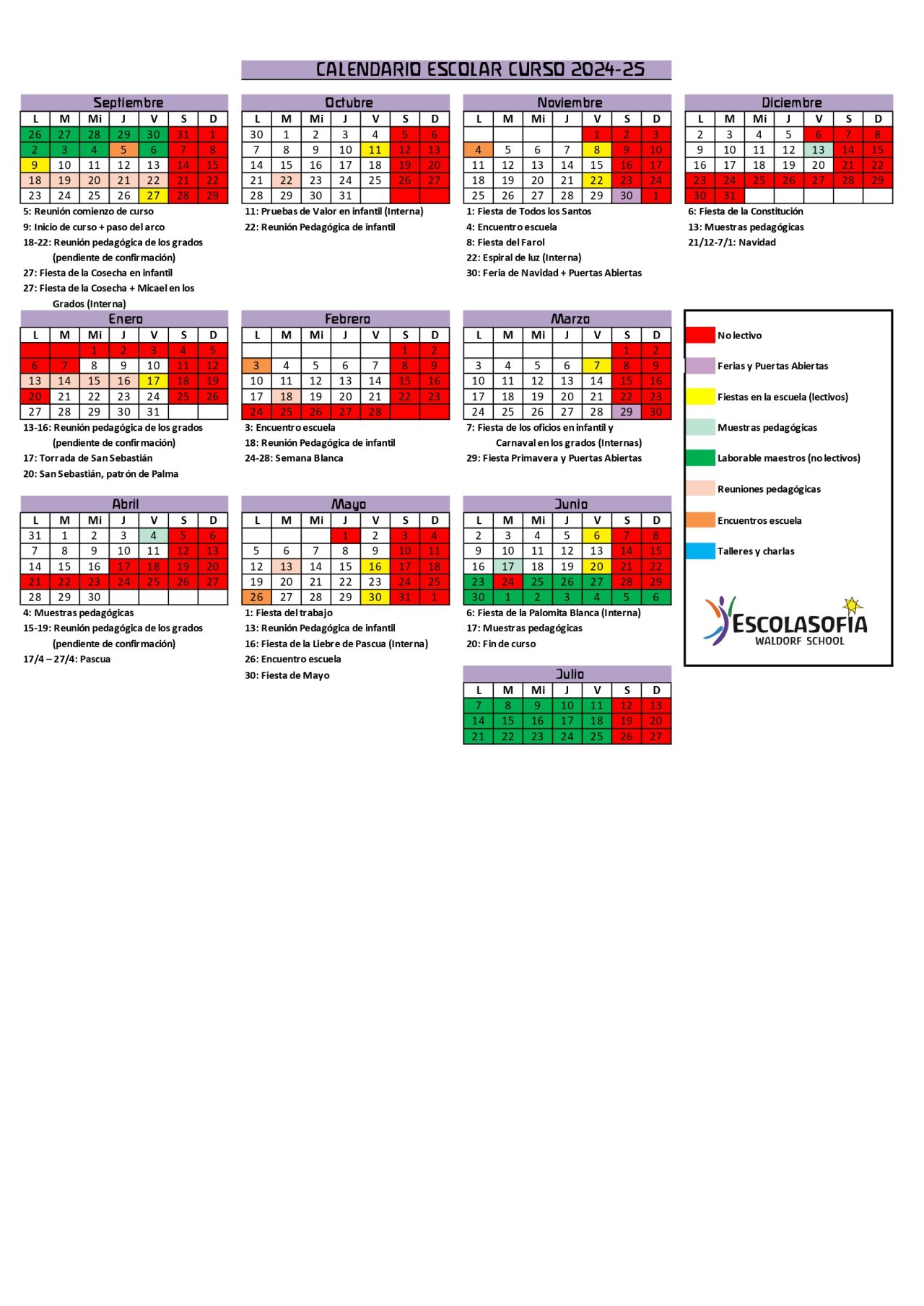 Escolasofia Calendario Escolar 2024-25 - Waldorf Palma